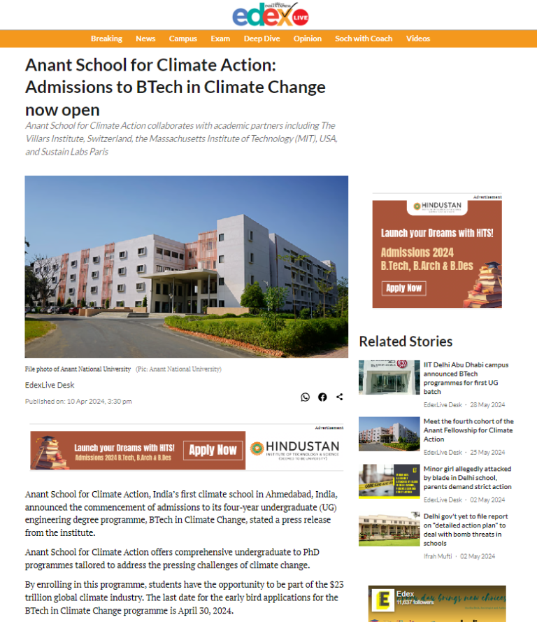 Anant School for Climate Action: Admissions to BTech in Climate Change ...
