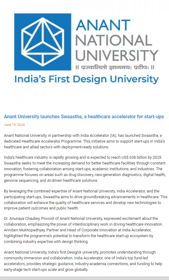 Anant University launches Swaastha, a Healthcare Accelerator for Start ...